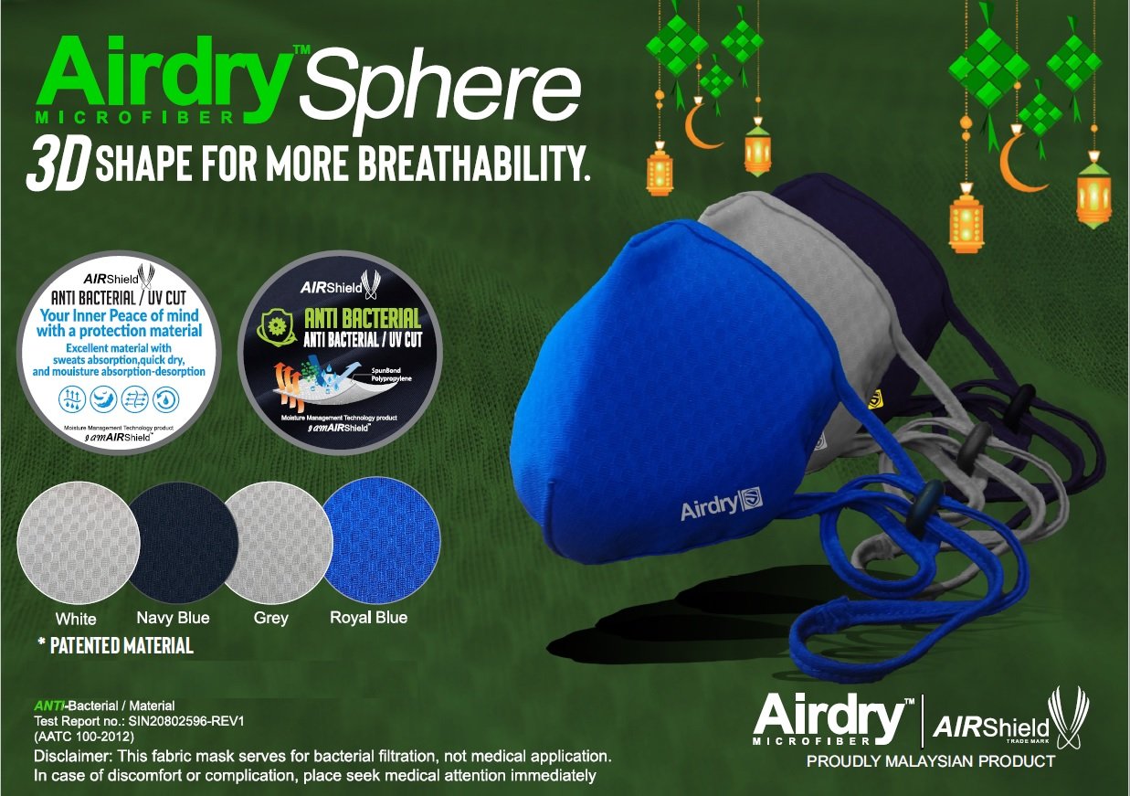 AIRDRY Microfiber Airshield Sphere Washable Headloop Face Mask Anti Bacteria BFE 3D Breathability