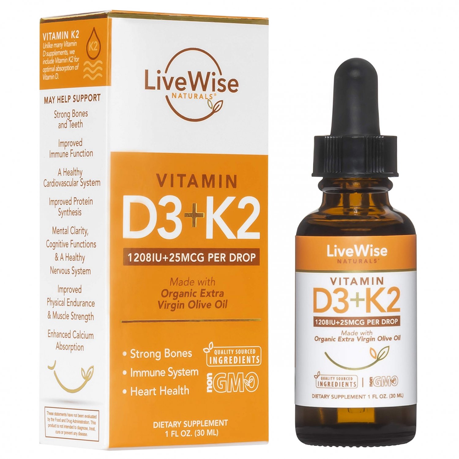 Vitamin D3 with K2 liquid drops, all natural, non-gmo, 1208iu D3 and ...