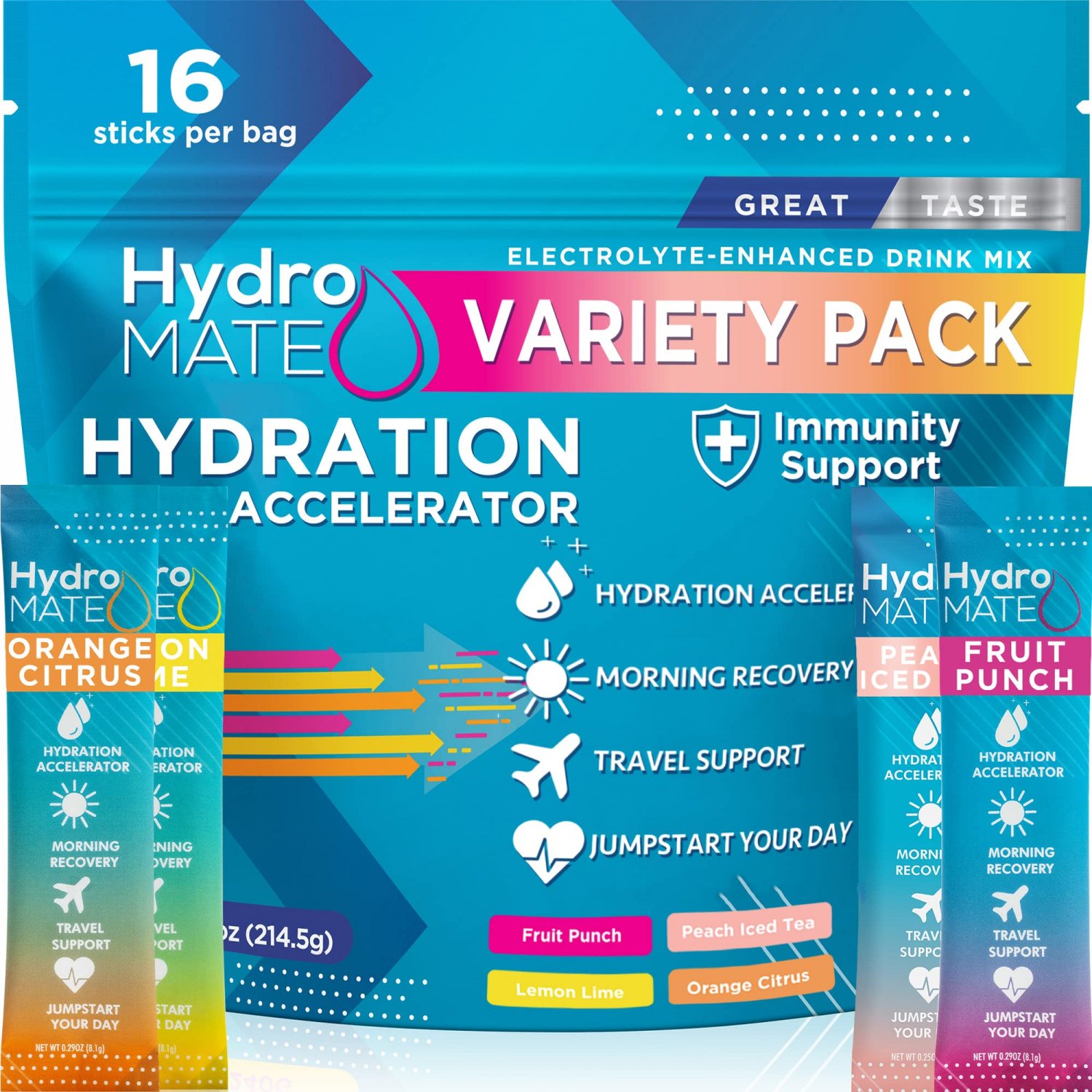 HydroMATE Electrolyte Powder Packets Drink Mix Hydration Accelerator Rapid Hydrate Powder Low Sugar