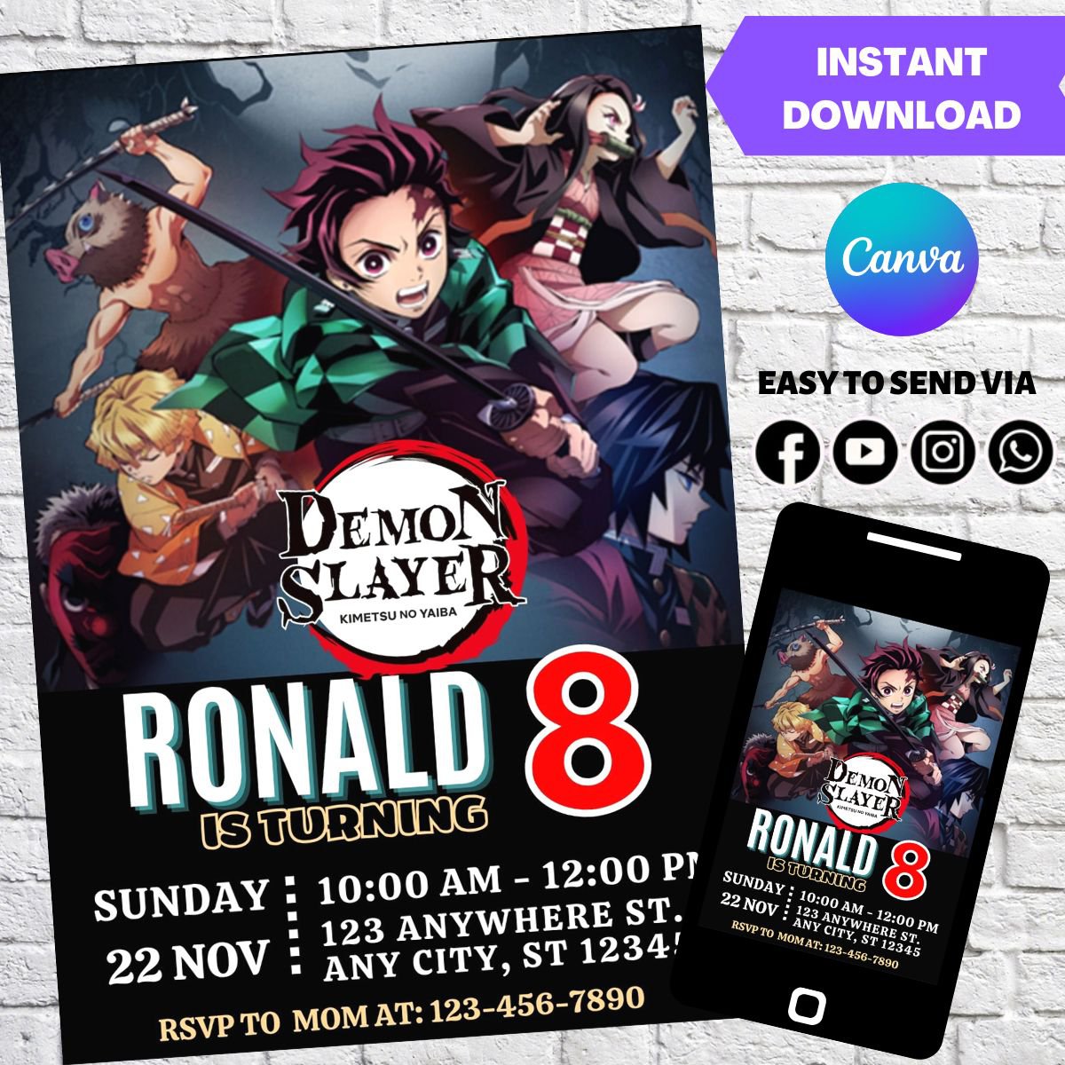 Demon Slayer Birthday Invitation Digital Template