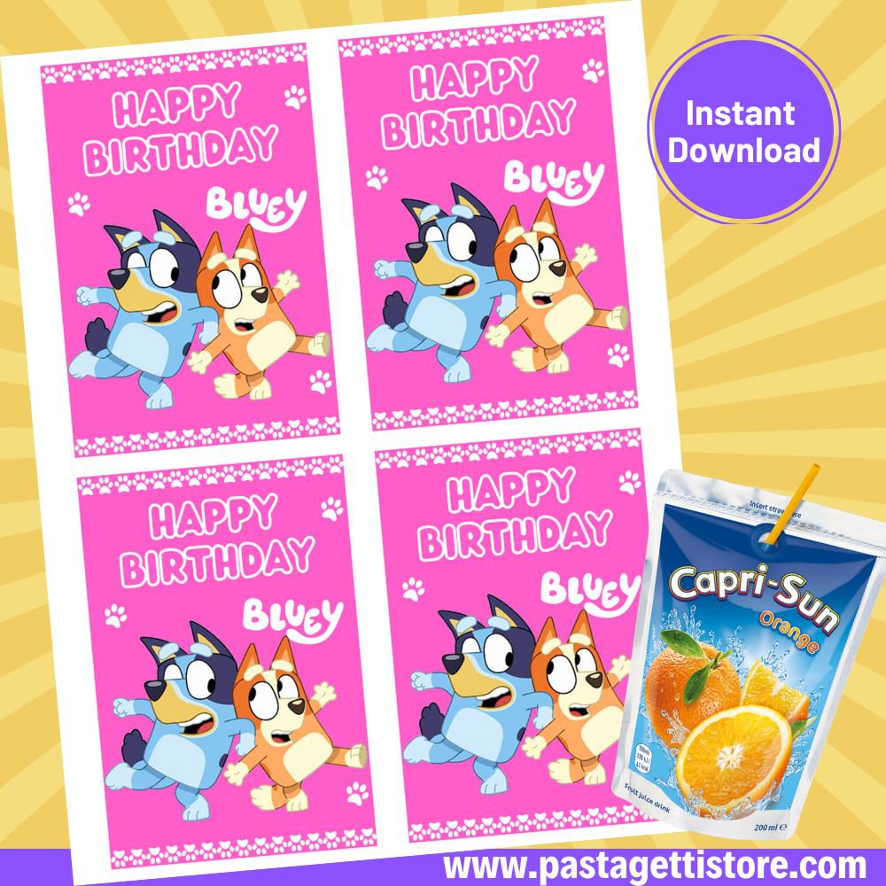 Bluey Pink Capri Sun labels Instant download