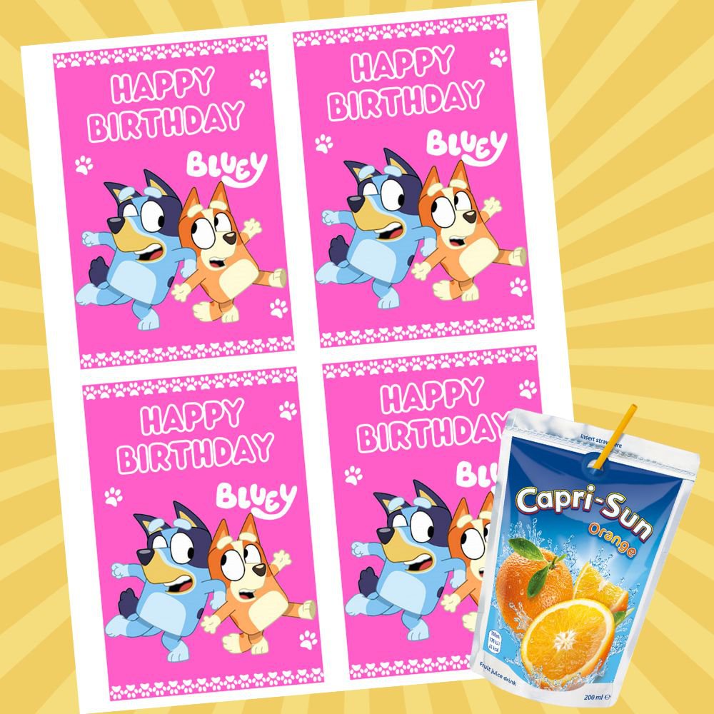 Bluey Pink Capri Sun labels Instant download