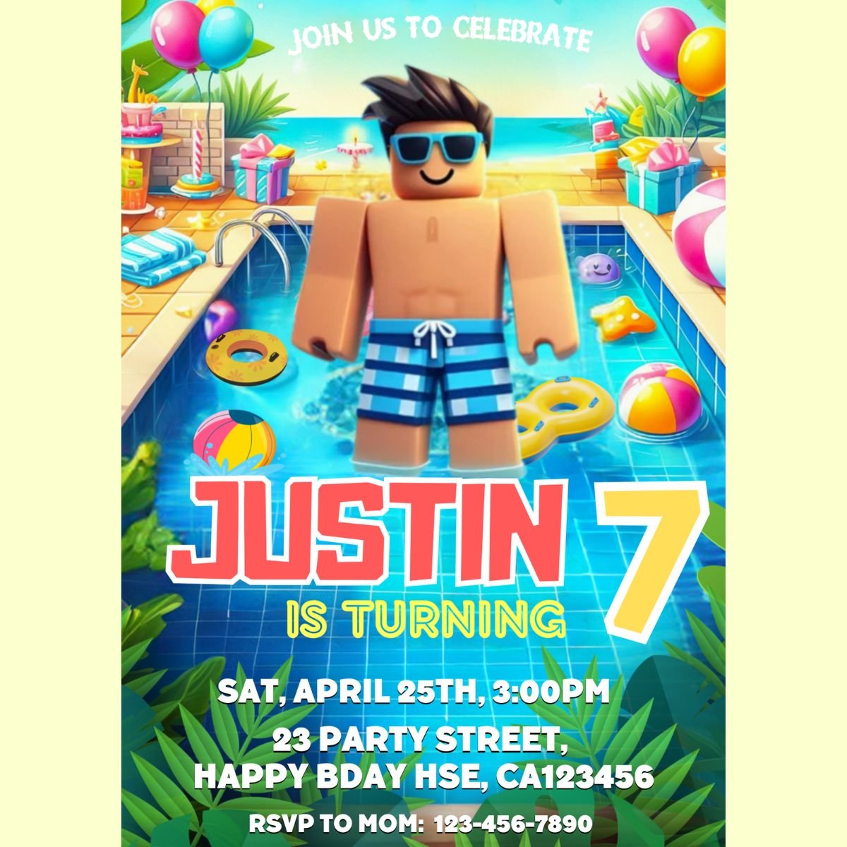 Roblox Pool Party Birthday Invitation Template