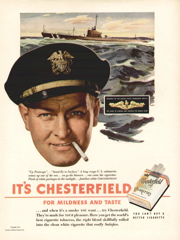 1943 Chesterfield -Navy-Submarine-Insignia Advertising Print Ad - tva1495