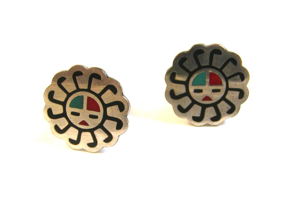 Vintage Zuni Native American Sterling Silver Inlaid Cufflinks Signed Bell