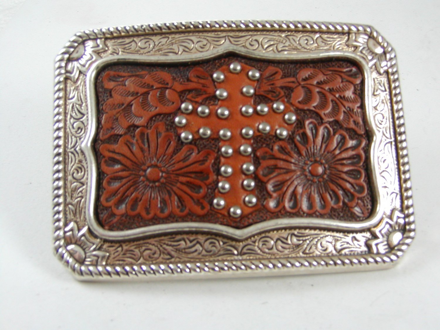 Western Cowboy Silvertone & Leather Embossed Cross Belt Buckle Unmarked ...