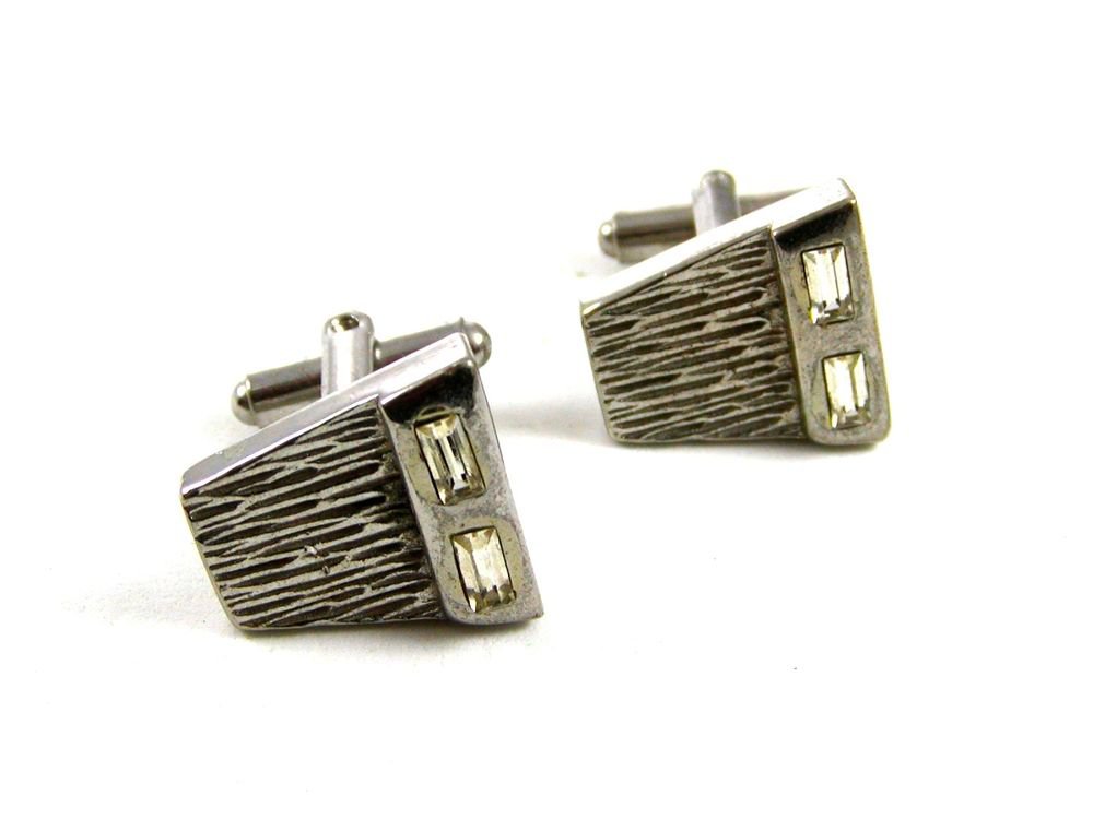 True Vintage Silvertone & Rhinestones Dressy Cufflinks Unmarked 100714a