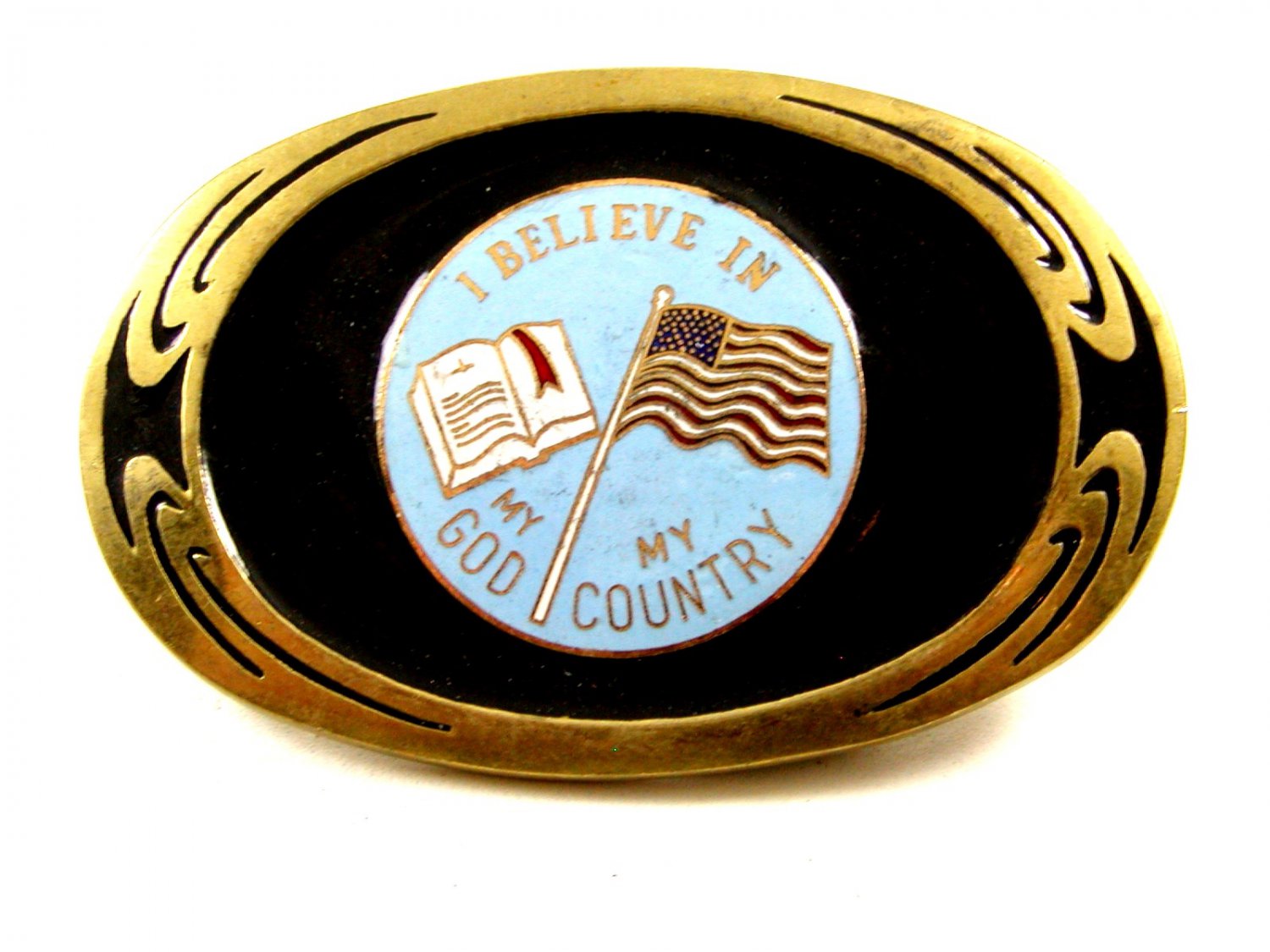 1982 I Believe In God Bible My Country Flag Brass Belt Buckle by NAP ...