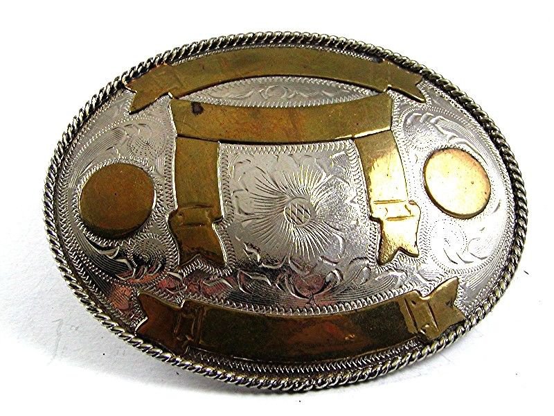 Vintage Cowboy Western Mexican Alpaca Brass Belt Buckle 101117