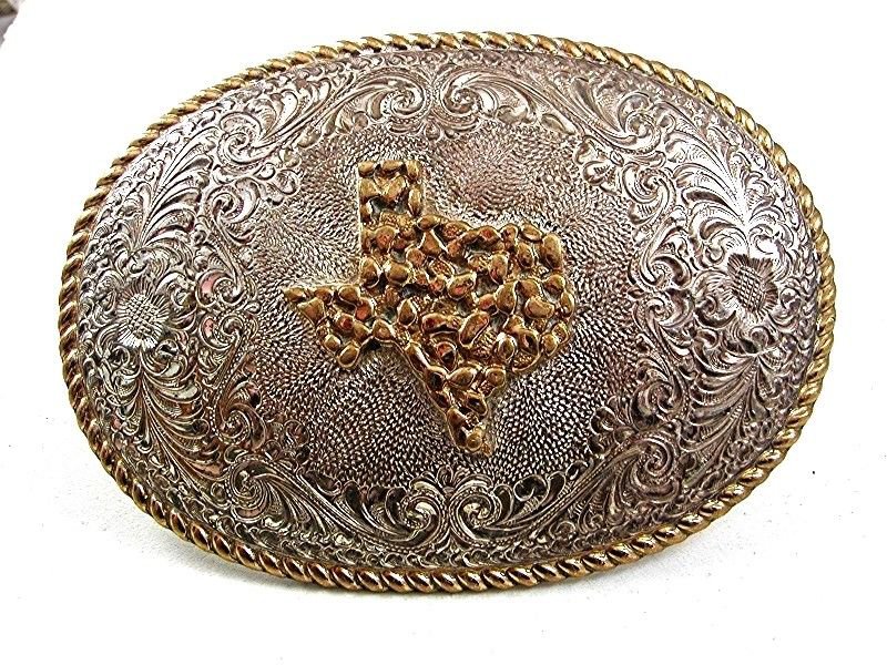Vintage Western Silvertone Goldtone TEXAS Belt Buckle By CRUMRINE 121417