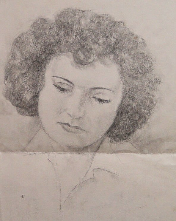 Old Drawing Portrait Wife of Painter Pencil on Basket Years '40/50 P28.6
