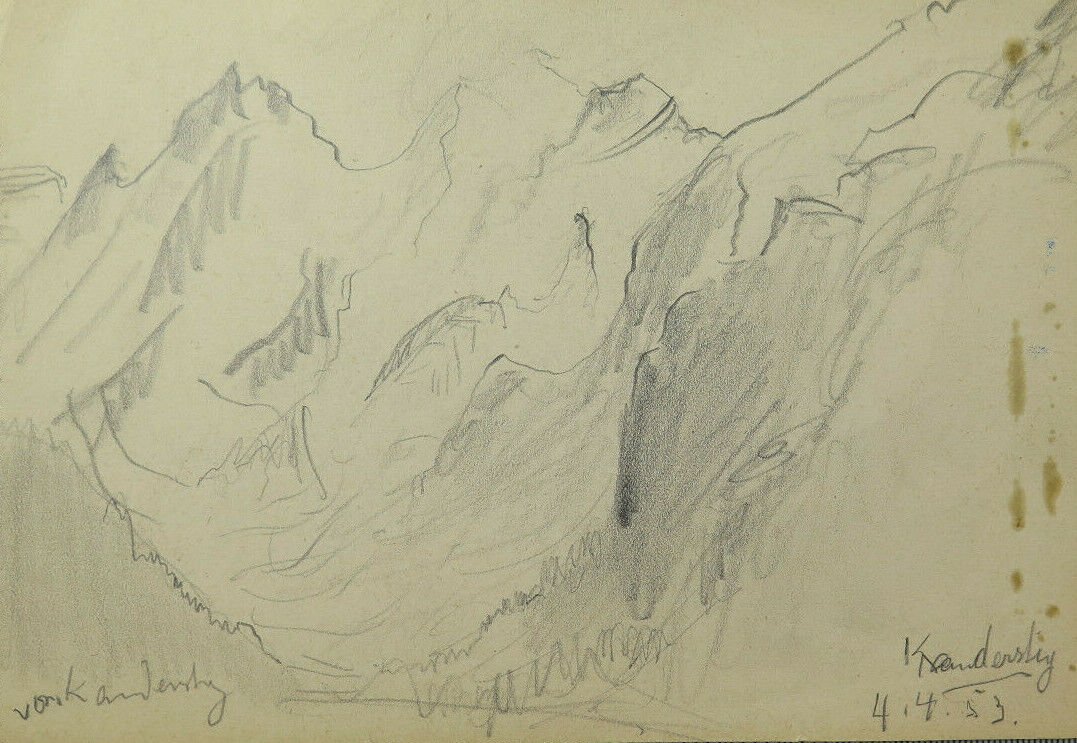 Antique Sketch landscape Alpine Alps Mountains Drawing Pencil On paper ...