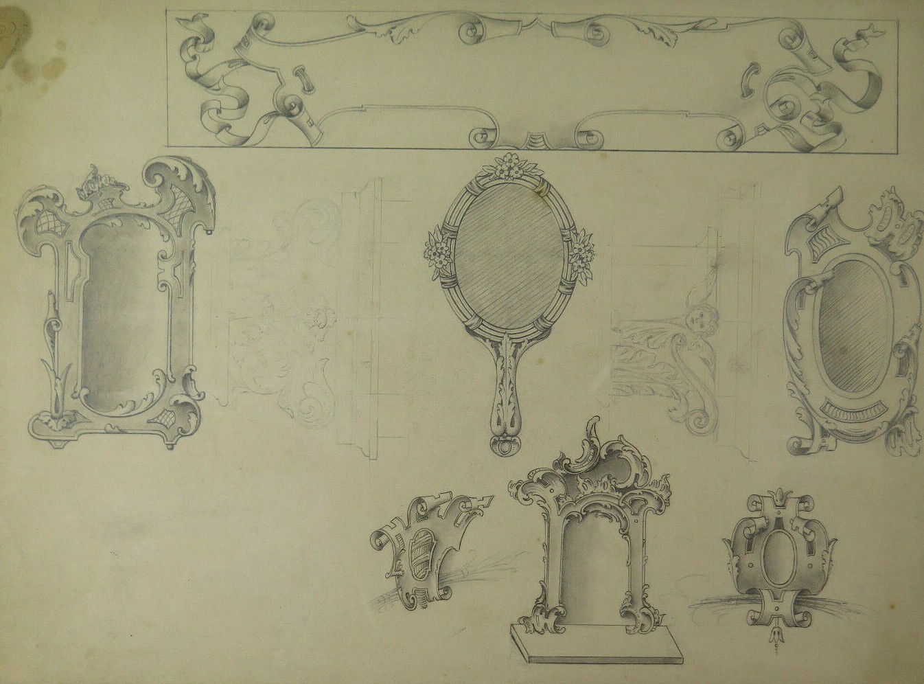 Antique Drawing With Studies For Mirrors Beginning Early Pencil On ...