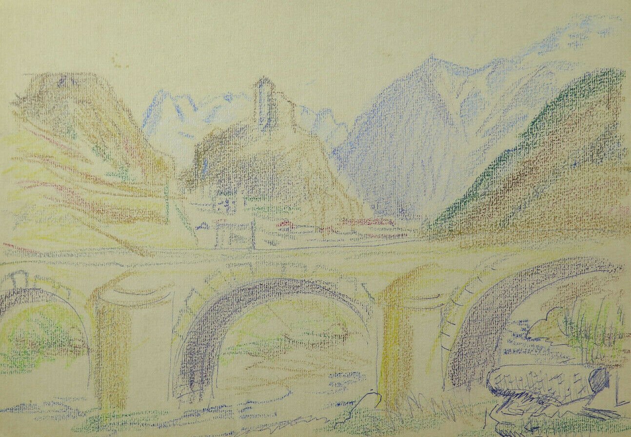 Drawing Antique landscape Sion Basilica Of Valère Tourbillon Swiss BM53.6C