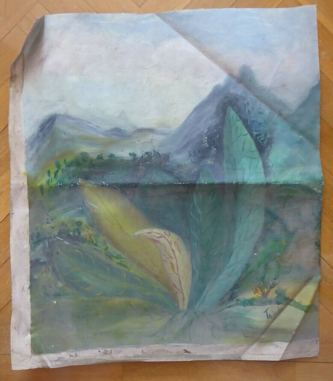 Old Painting oil On Linen landscape View Signed Tajada Vintage MD10