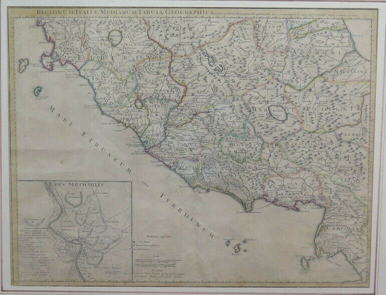 Engraving Antique paper Geographical Map Italy Central 1745 John Senex X9
