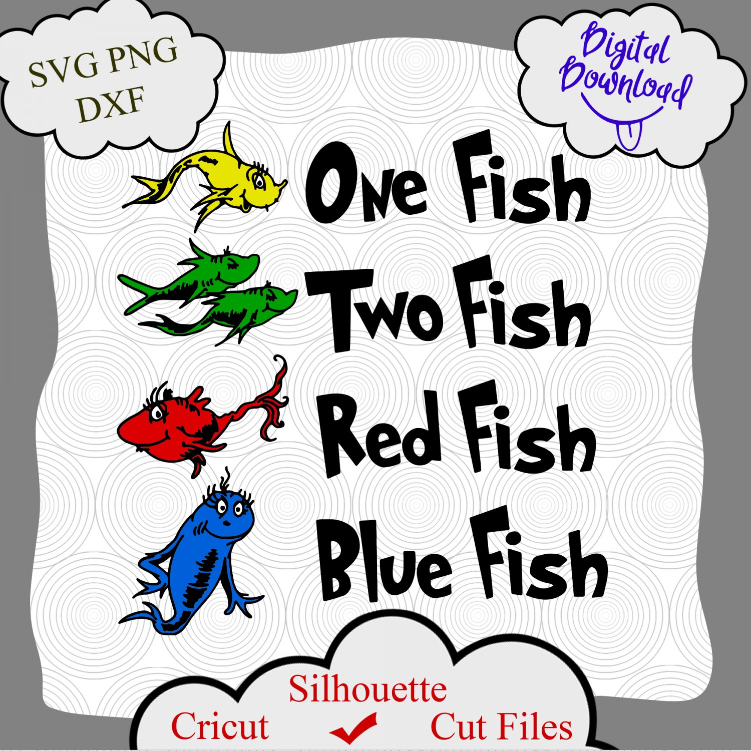 Dr Seuss SVG, One Fish Two Fish Red Fish Blue Fish, Dr Seuss Inspired ...