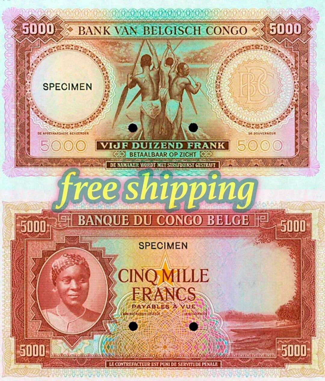 Unissued 5000 francs 1950 Congo Belgian Banknotes Reproduction, Matte ...