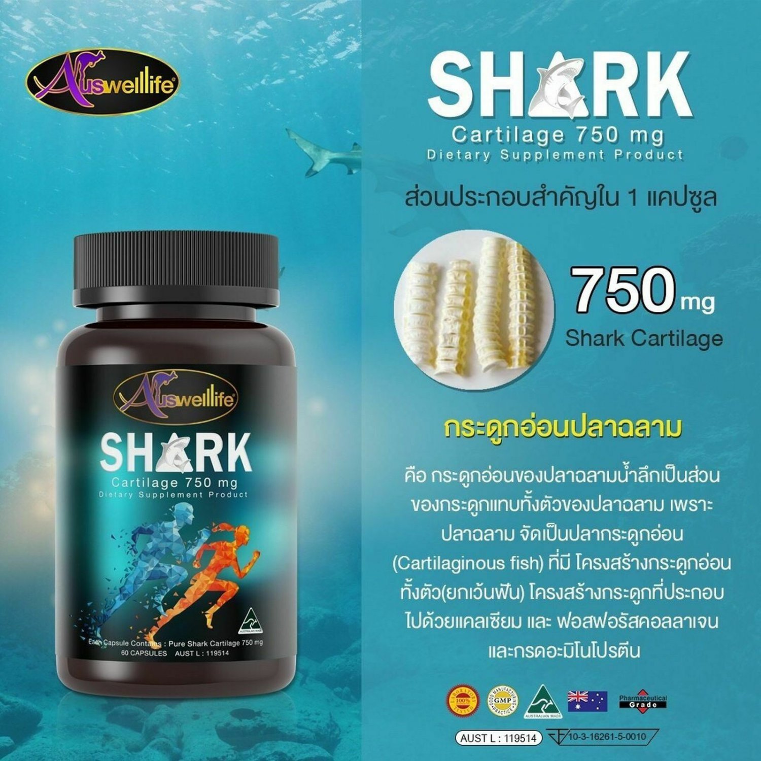 Auswelllife Shark Cartilage 750 Mg. Supplement Premium Nourishing Joint ...