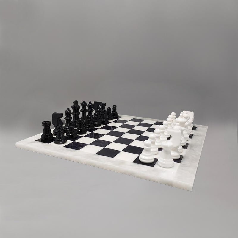 1970s Gorgeous Black and White Chess Set in Volterra Alabaster Handmade ...