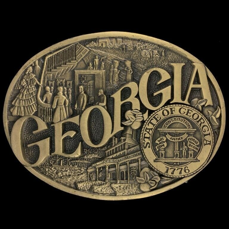 Vintage Georgia State Seal Pride Cowboy Western Brass 1980s Belt Buckle