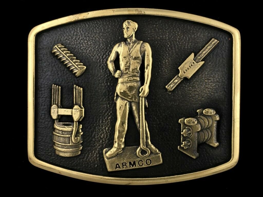 Vtg NOS ARMCO Steel Ashland Kentucky Iron Man Award Brass Belt Buckle ...