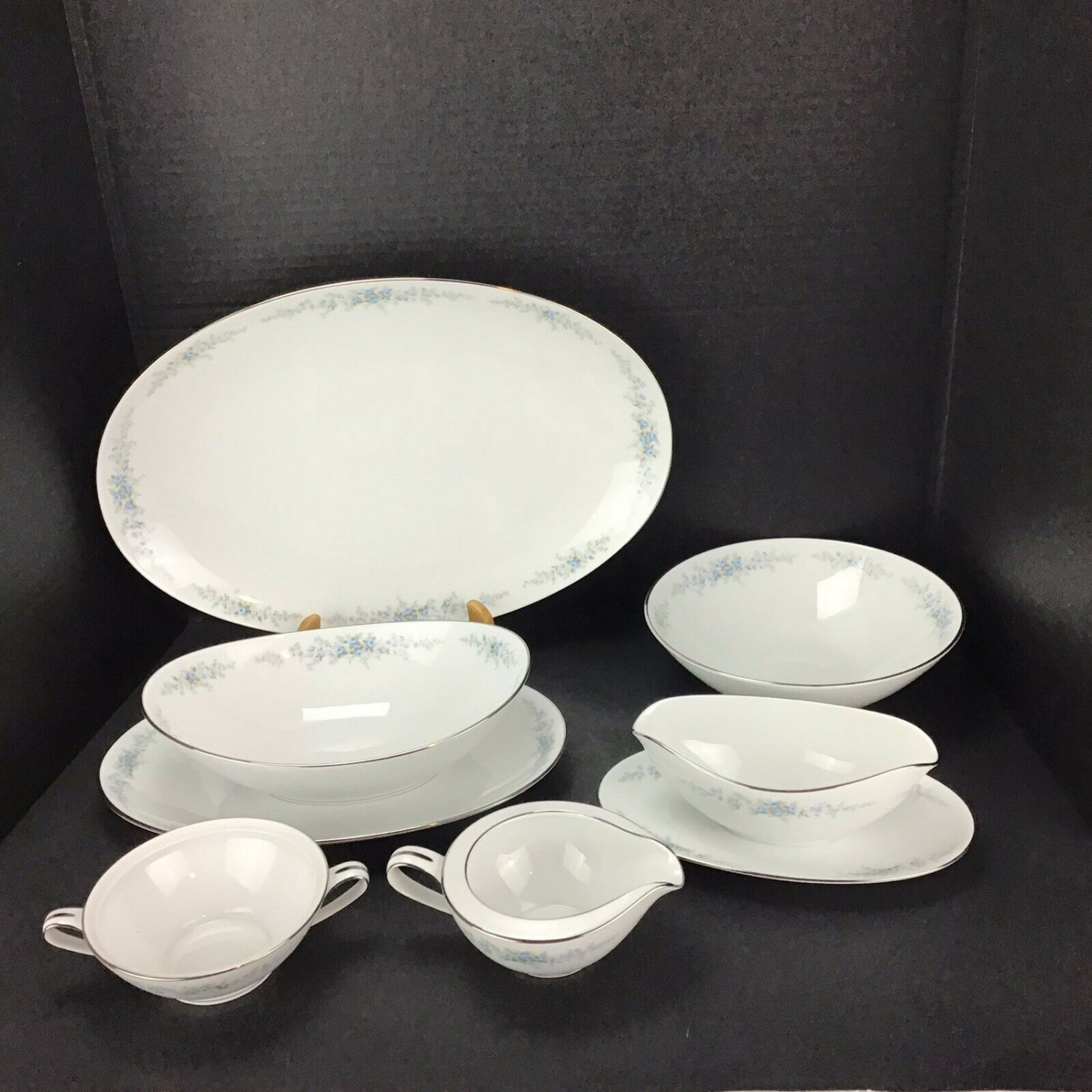 Noritake "Roseberry" China Blue Roses Pink Flowers Serving Pieces Set of 7