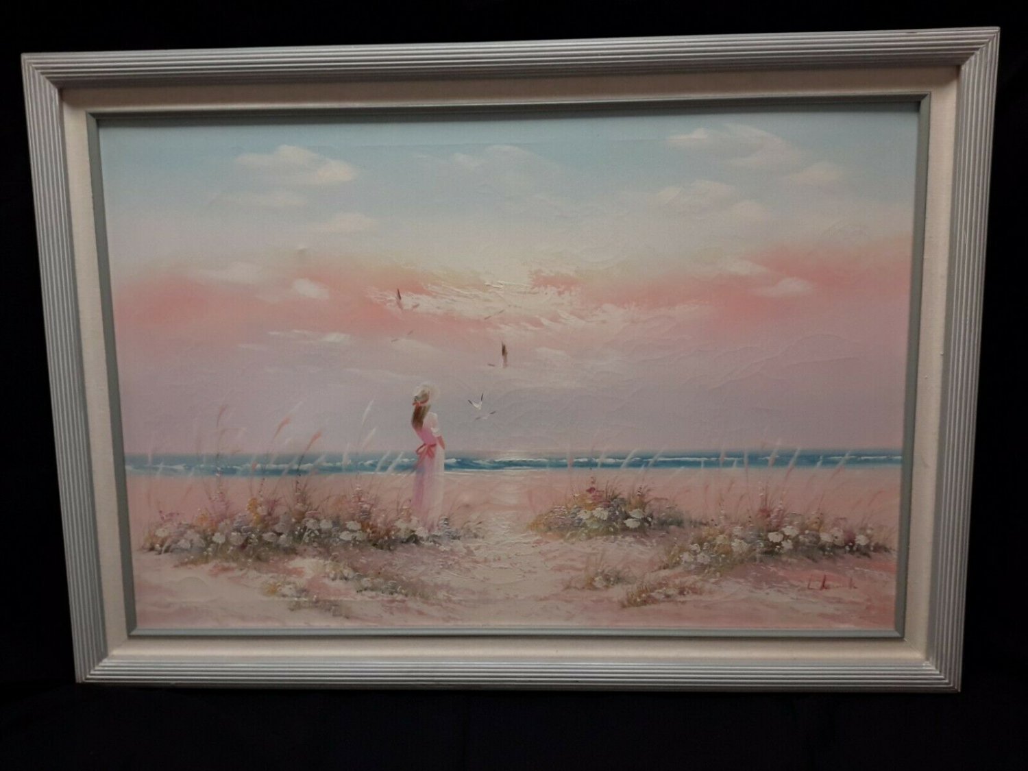 Vintage Canvas Oil Painting Lady Seascape signed by Laura Keswick