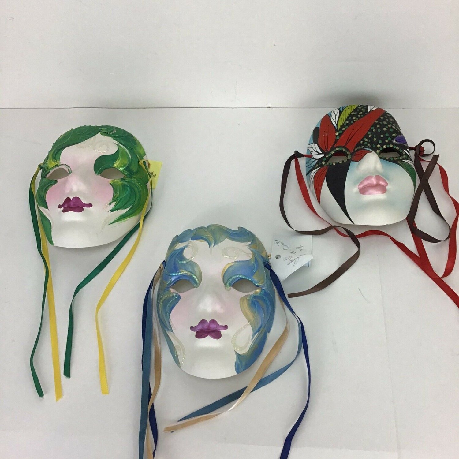 3 Hand Painted Painted Porcelain Mardi Gras Masks From New Orleans