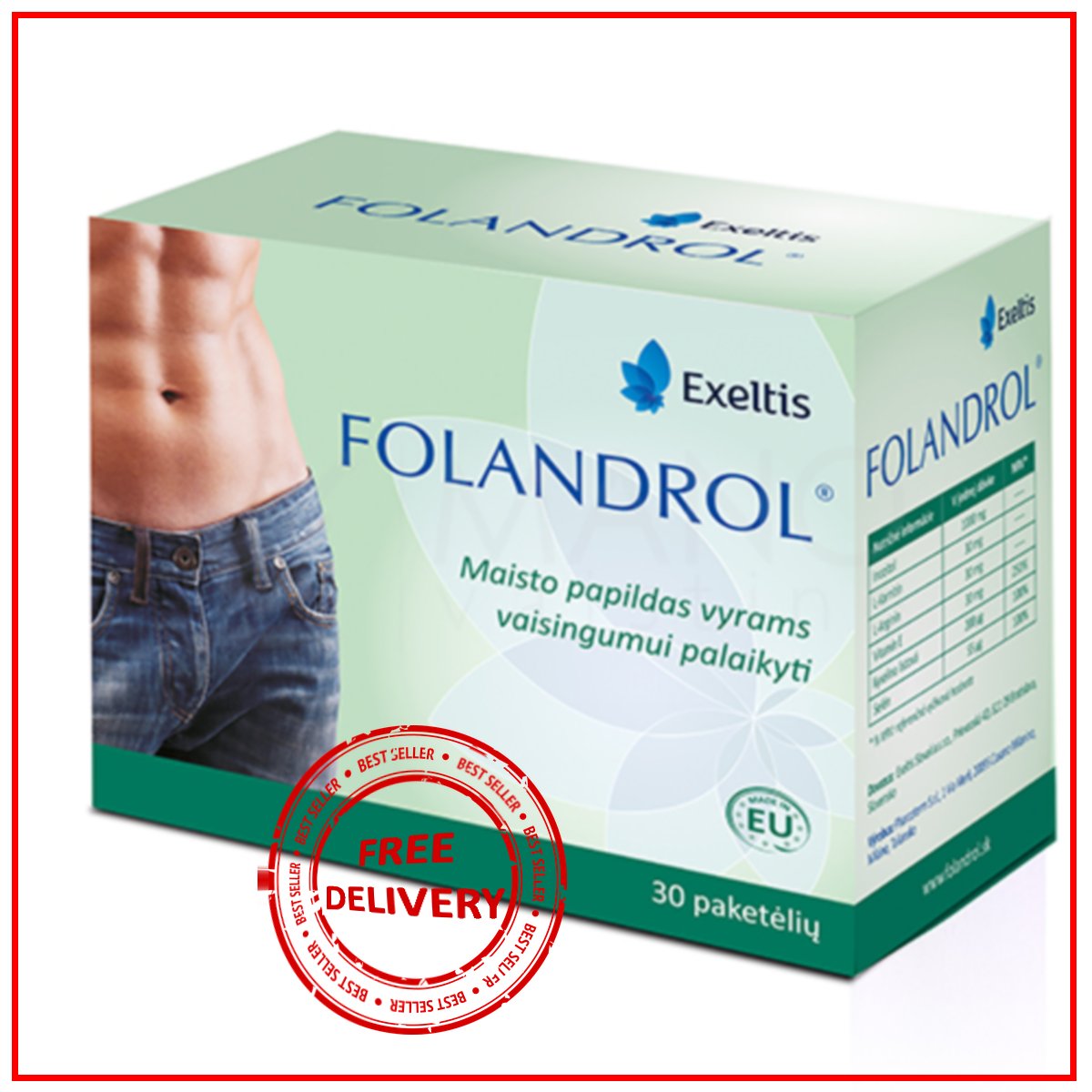 Folandrol for men. 30 sachets. Contributes to male reproductive health.