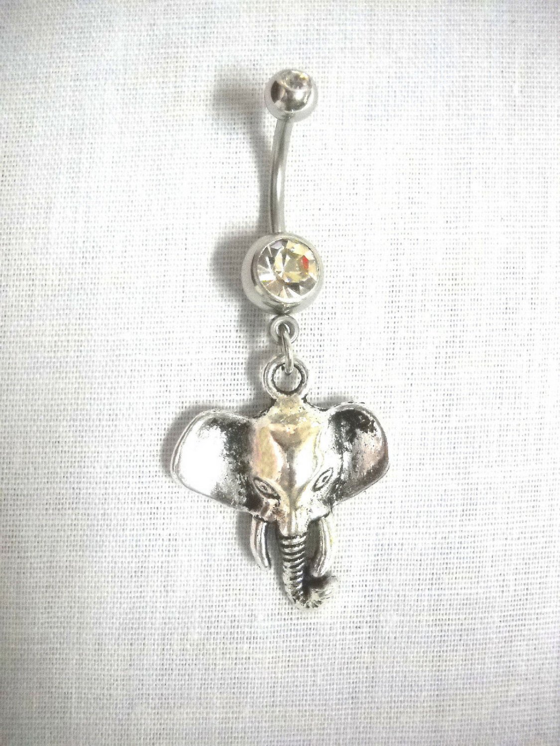 SAFARI ANIMAL ELEPHANT HEAD ON CLEAR CZ BELLY BUTTON RING AFRICAN ELEPHANTS