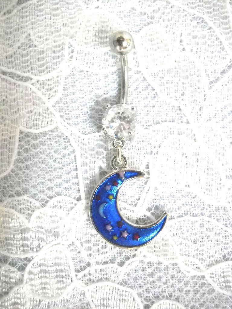 NIGHT BLUE MOON CRESCENT w STARS & MOON DESIGN w CLEAR CZ NAVEL BAR ...