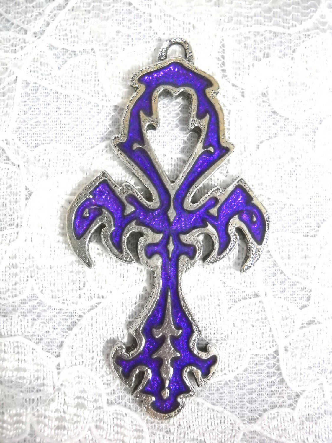 ANCIENT ETERNAL LIFE ANKH / ANHK w PURPLE INLAY PEWTER PENDANT ADJ NECKLACE