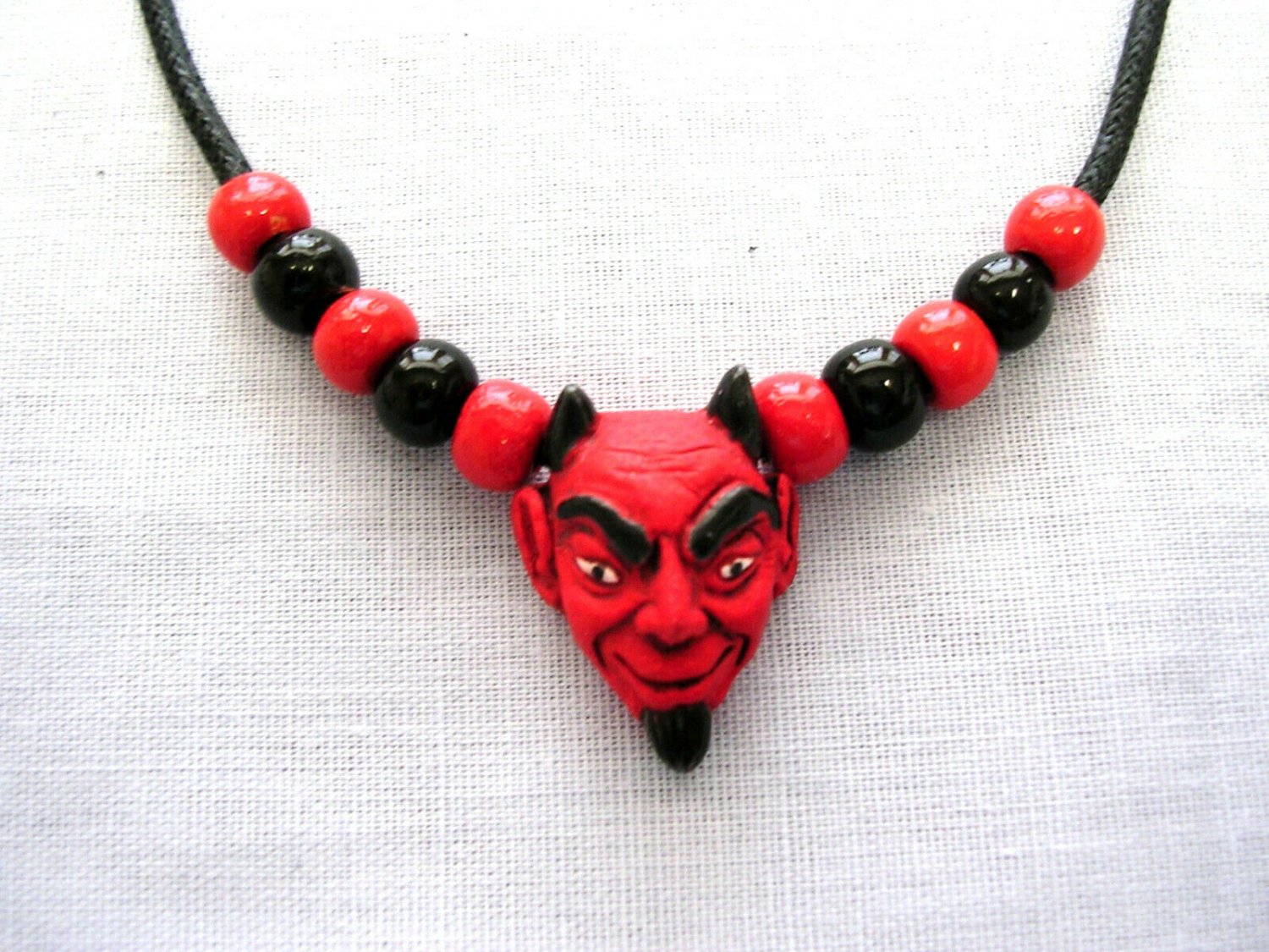 HAND PAINTED RED DEVIL HEAD EL DIABLO CERAMIC PENDANT ADJ BEADED ACCENT ...