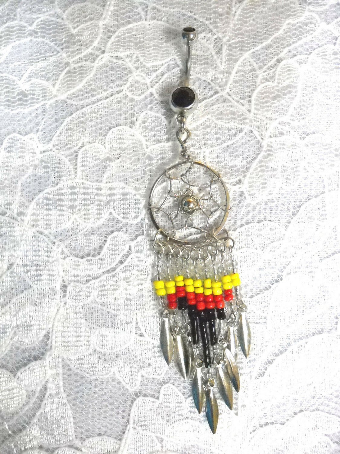 LONG BEADED BLACK RED YELLOW CLEAR 9 TASSLE DREAM CATCHER BELLY BUTTON RING