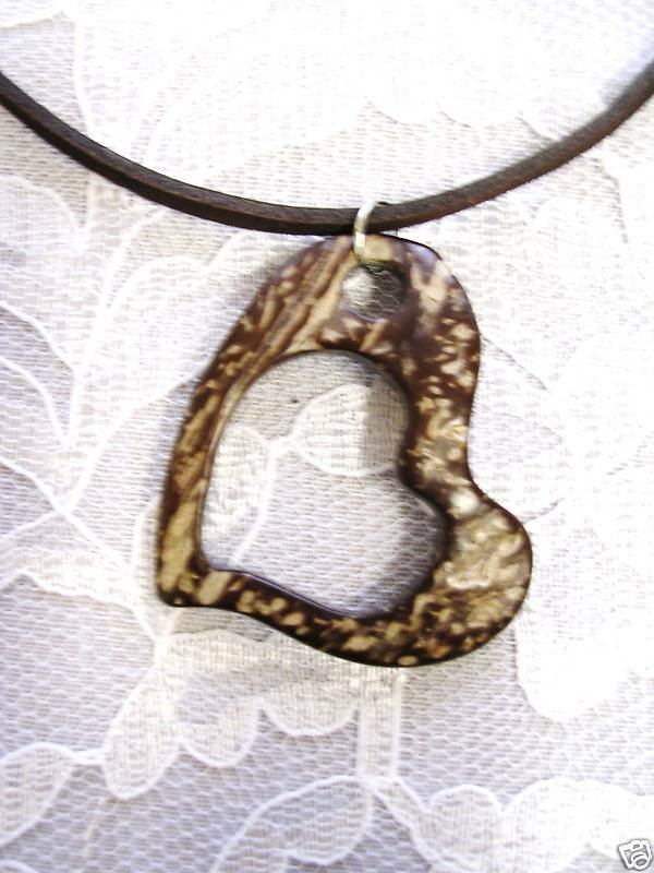 NATURAL BROWN & TAN SHAPED HEART COCO WOOD PENDANT on 18" BROWN SUEDE ...