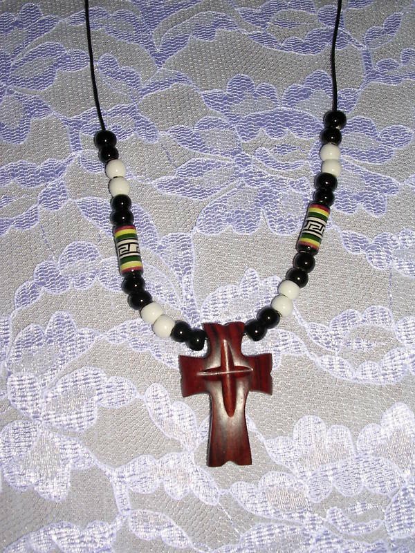 ROSE WOOD CROSS PENDANT with RASTA BEADED ACCENTS ADJ NECKLACE