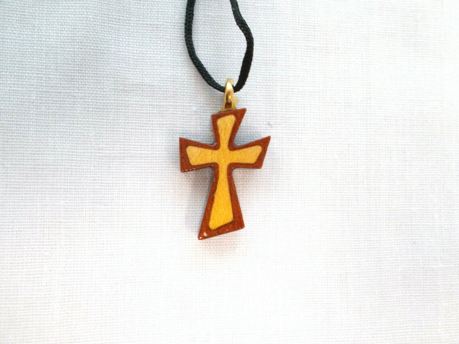 1" BUBINGA WOOD WITH OAK INLAY SLANT CUT CROSS PENDANT 17" LEATHER CORD ...