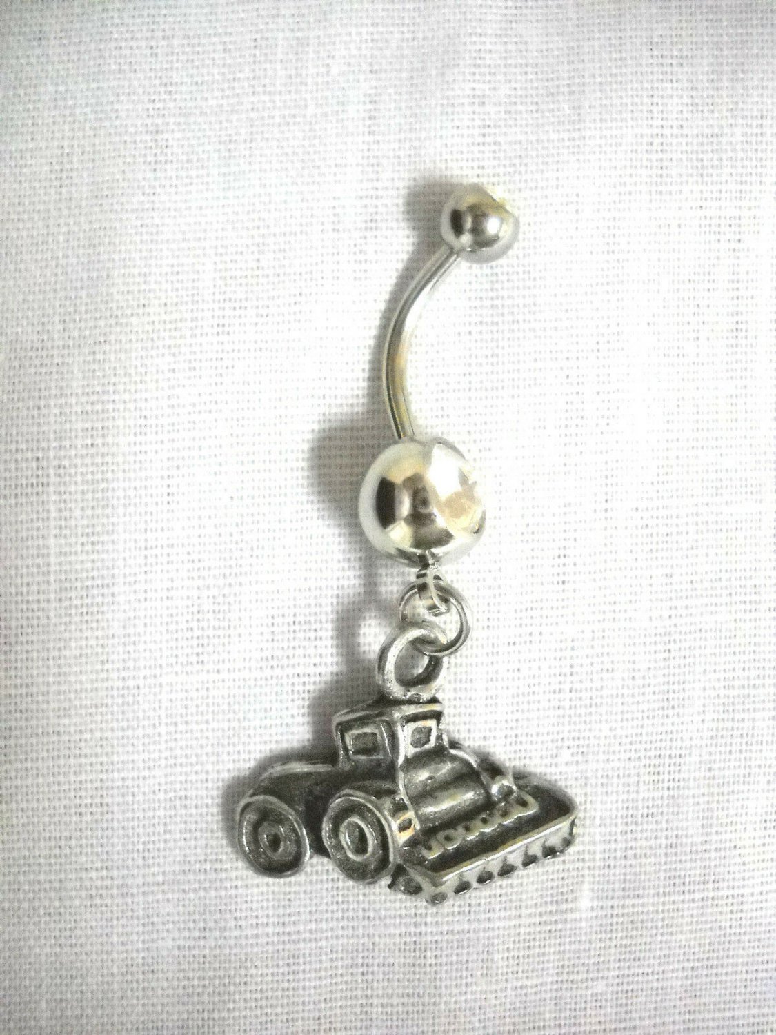 FARMER GIRL COMBINE TRACTOR FARM PLOW PEWTER CHARM CLEAR CZ 14g BELLY RING