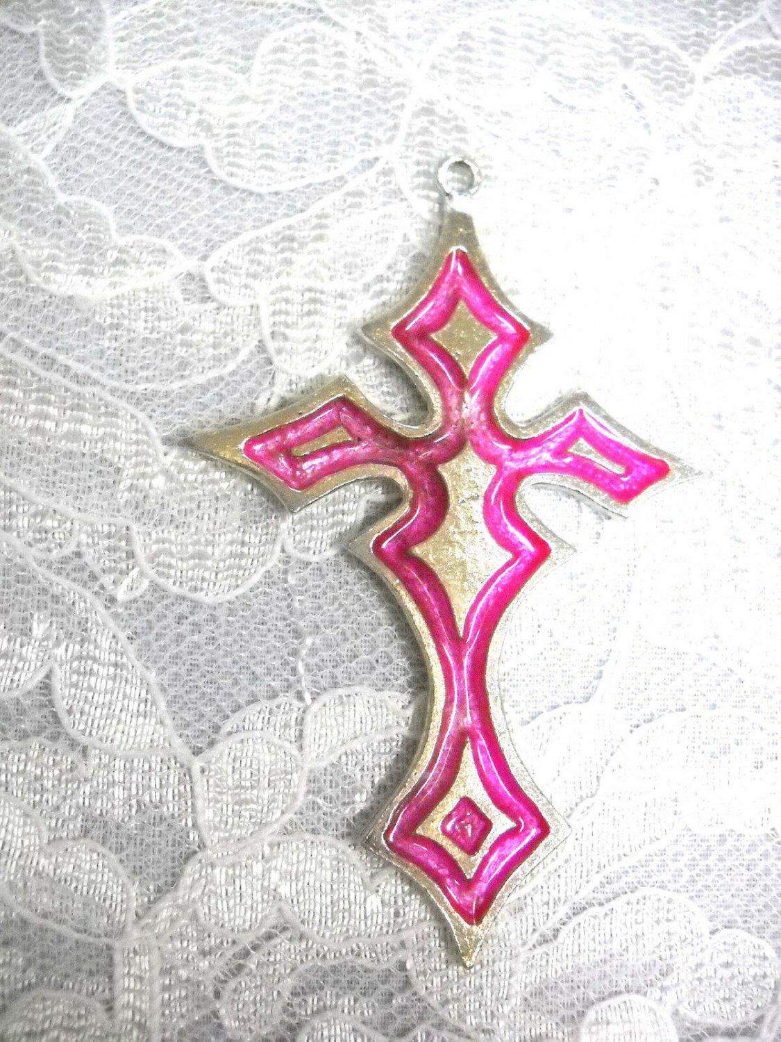 XL HOT PINK INLAY GOTHIC CROSS CAST USA PEWTER PENDANT ON ADJ CORD NECKLACE