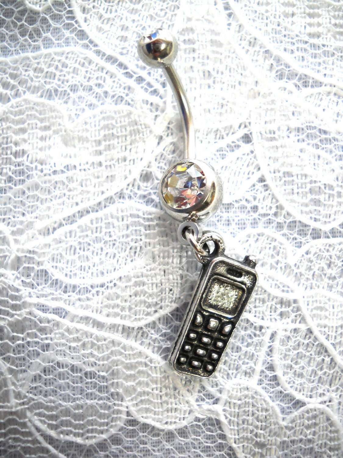 USA PEWTER CELL PHONE DANGLING CHARM ON DBL CLEAR CZ BELLY BUTTON RING