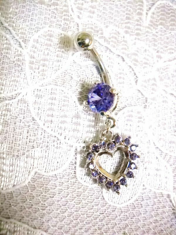 LAVENDER - LILAC PURPLE CRYSTAL HEART DANGLING CHARM ON CZ BELLY BUTTON ...