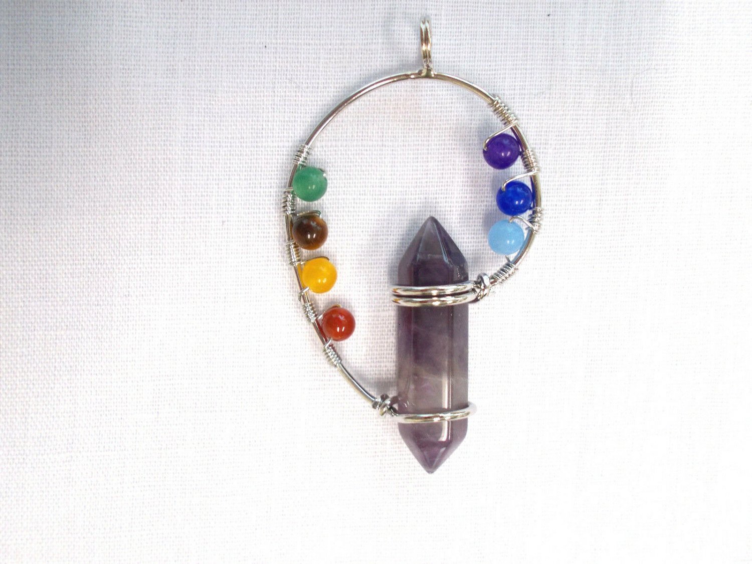 DOUBLE TERMINATED PURPLE AMETHYST CRYSTAL & GEMSTONES WIRE WRAP PENDANT ...