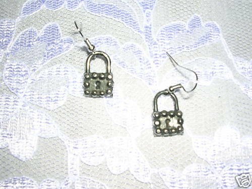 USA CAST PEWTER STUDDED PADLOCK LOCKS PIERCED DANGLING CHARM EARRINGS