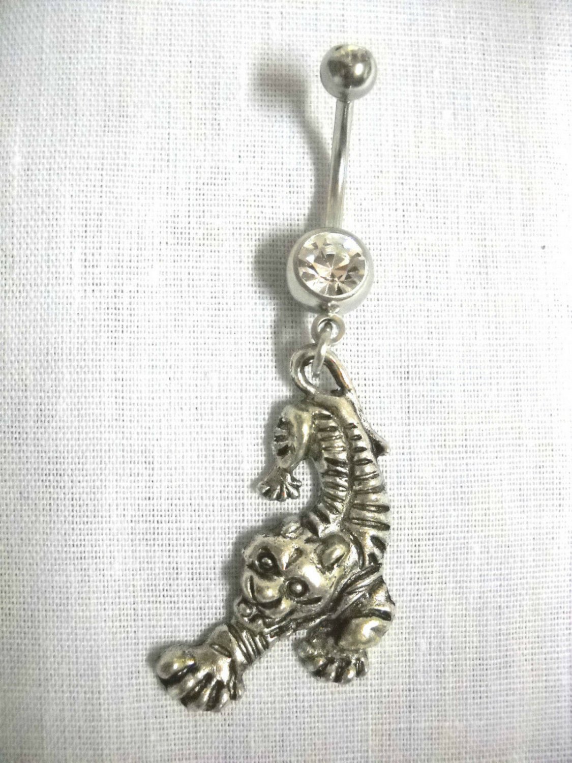 LARGE JUNGLE SAFARI TIGER / BIG CAT TIGRESS ON 14g CLEAR CZ BELLY RING BAR