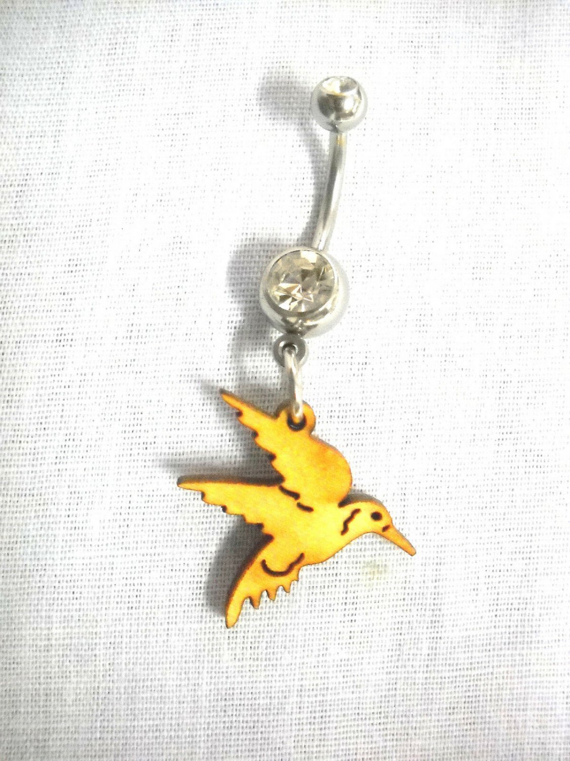 FULL BODY HUMMINGBIRD WOODEN BIRD CHARM ON CLEAR CZ BELLY RING NAVEL RING