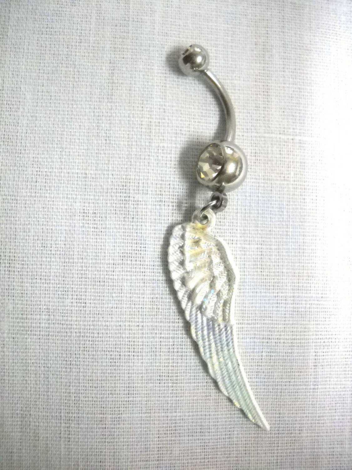 CUSTOM IREDESCENT WHITE ENAMEL ANGEL WING ON 14g CLEAR CZ BELLY BAR ...