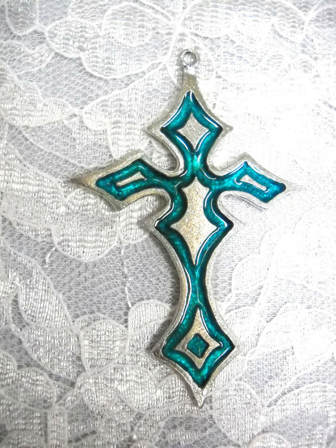 TURQUOISE BLUE COLOR INLAY GOTHIC CROSS PEWTER PENDANT ON ADJ CORD NECKLACE