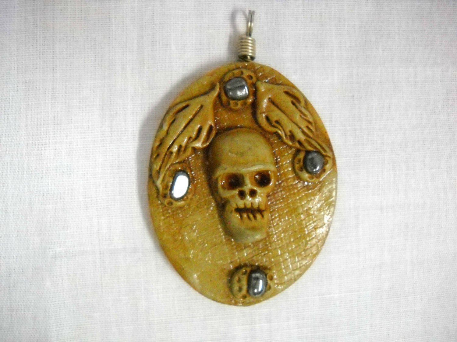 HAND MADE CLAY SKULL CRANIUM OVER REAL WOOD w HEMATITE GEMS PENDANT ADJ ...