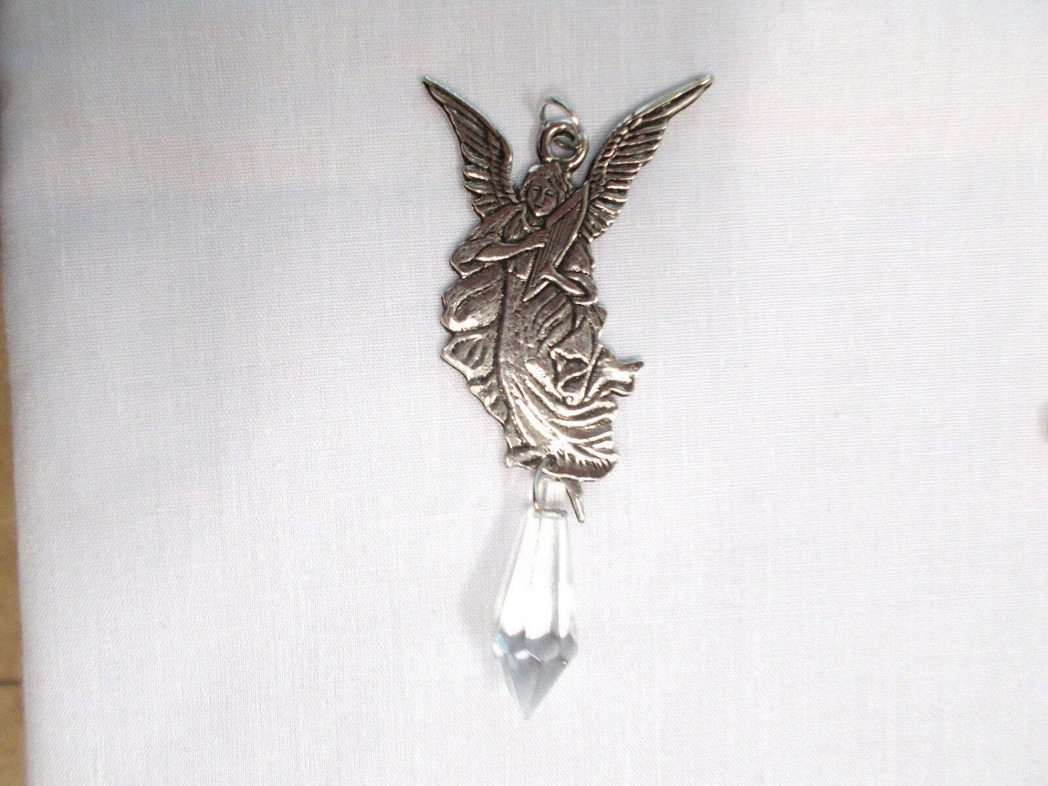 DOUBLE SIDED ANGEL PLAYING THE HARP PEWTER PENDANT w GLASS PRISM ADJ ...